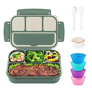 QQKO Bento Box Adult Lunch Box, Bento Box for Kids, 1200 ML Lunch Containers for Adults, Food Storage Container With 4 Compartments, Leak-Proof, Microwave, Dishwasher Safe, Green