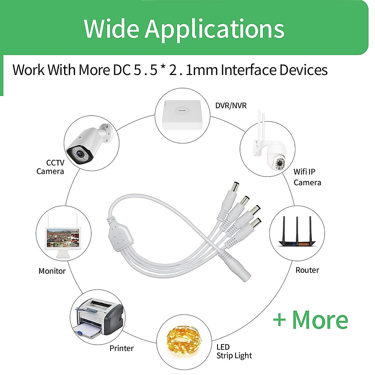 Security-01 2-Pack 1 to 4 Way DC Power Splitter Cable, Plug 5.5mm x 2.1mm, for CCTV Camera, LED Strip Light and More,White