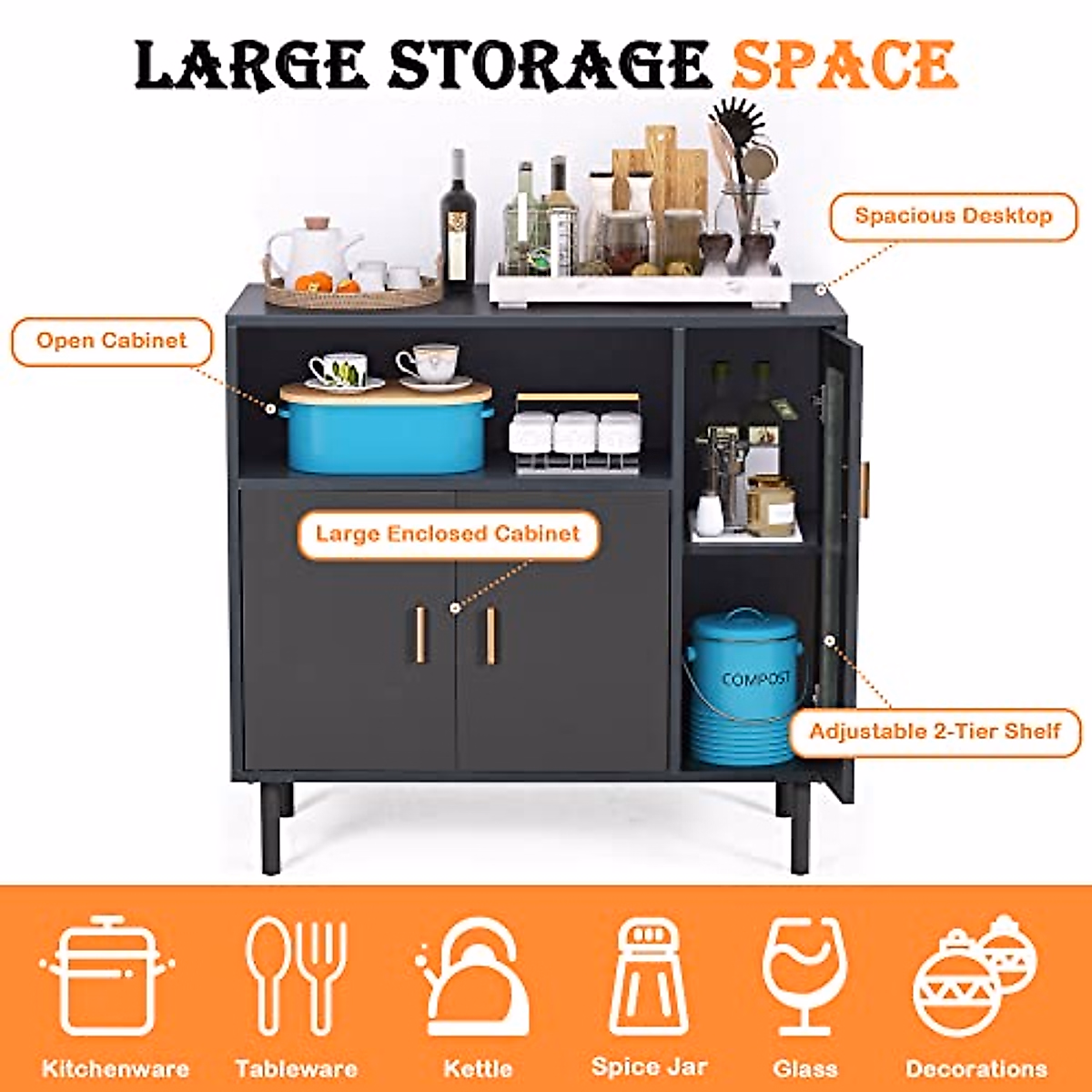 LAZZO Storage Cabinet Credenza Sideboard Buffet Cabinet with Glass Doors Free Standing Entry Coffee Bar Cabinet for Living Room, Hallway, Kitchen and Dining Room Grey