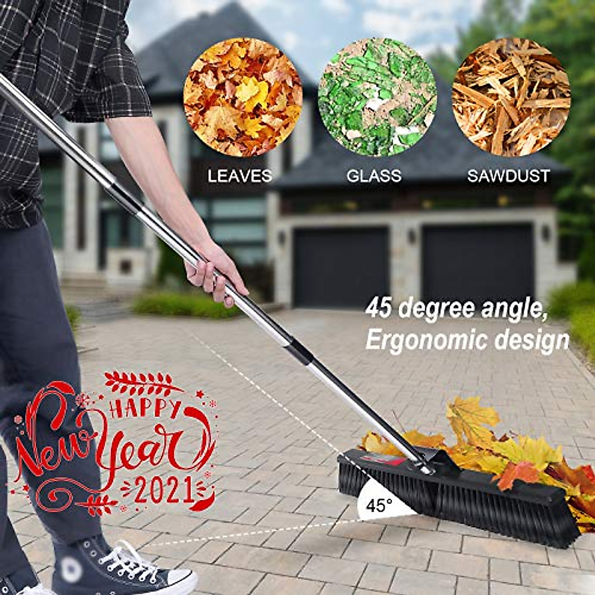 MASTERTOP Upgrade 24" Push Broom & 12" Broom Head, Floor Scrub Brush, Garage Heavy Duty Broom with Stiff Bristles, 57.6 inch Stainless Steel Long Handle, Yard Patio Decks Cleaning