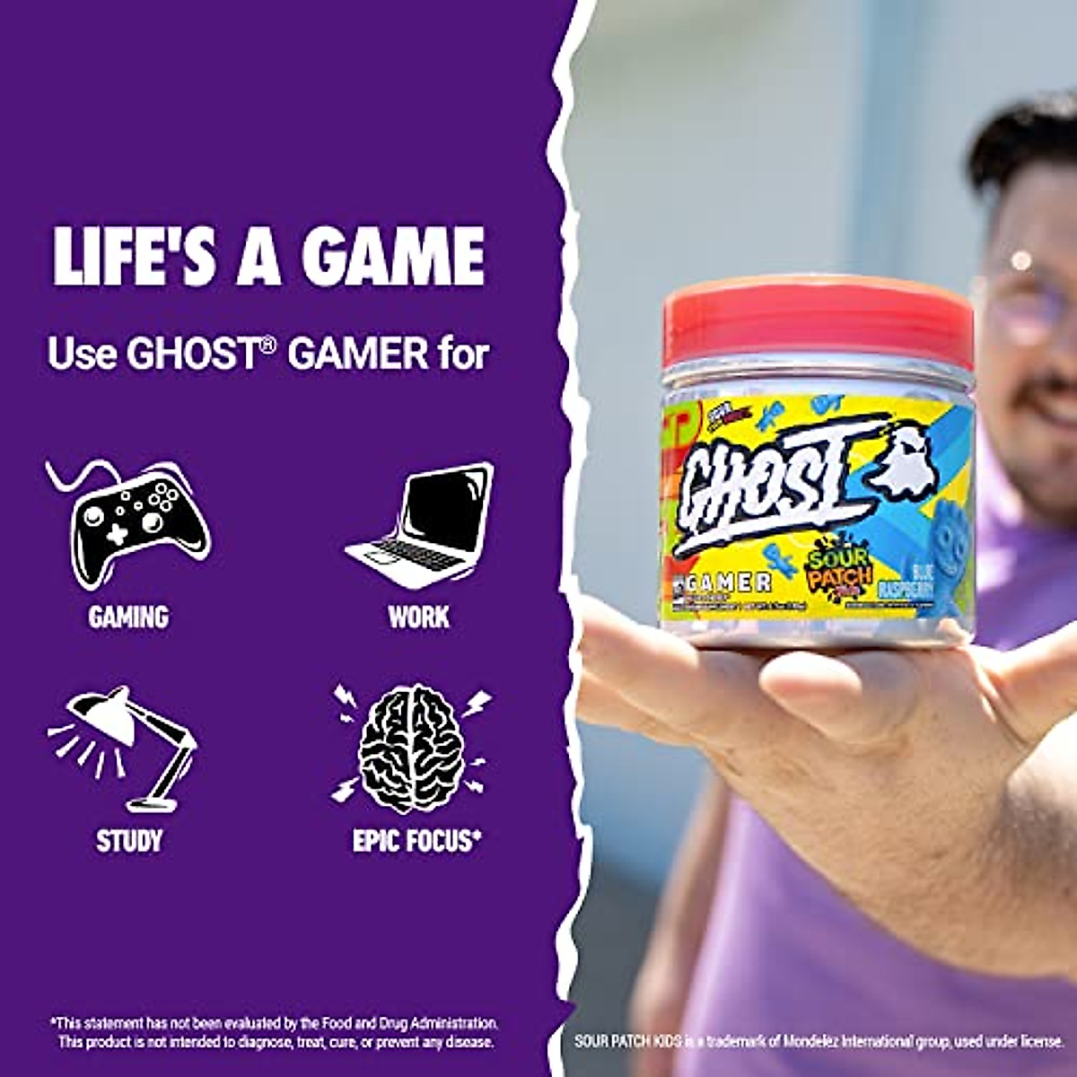 GHOST Gamer: Energy and Focus Support Formula - 40 Servings, Sour Patch Kids Blue Raspberry - Brain-Boosting Nootropics & Natural Caffeine for Attention, Accuracy & Reaction Time - Vegan, Gluten-Free