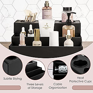 Hair Tool Organizer, Blow Dryer Holder, Flat Iron Storage, 12”x10.5”, Black, 3 Tier, Hot Tools Station, Styling Product Caddy, Organizers for Bathroom, Countertop, Vanity w/Silicone Mat | Houseables