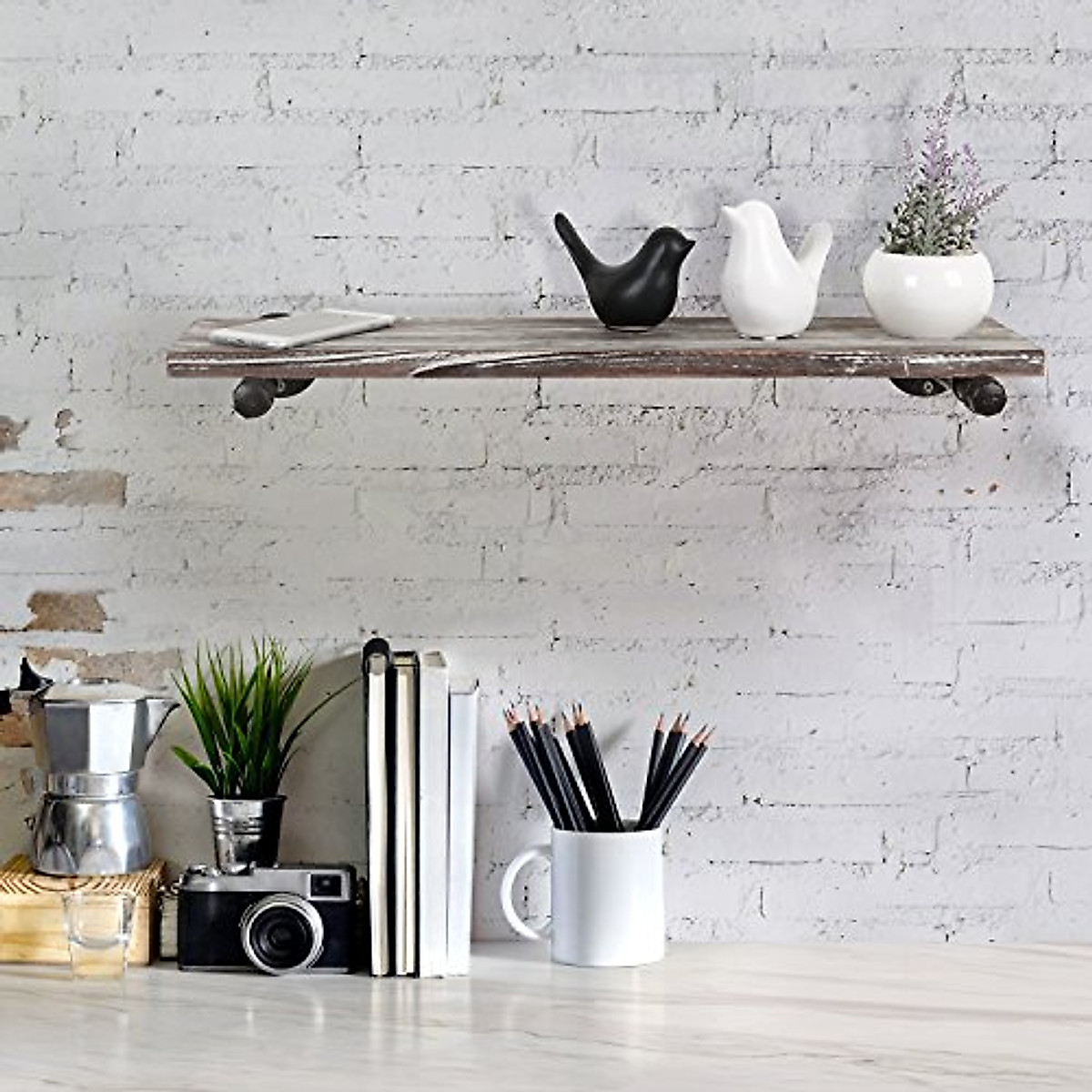 MyGift 24-Inch Wall Monunted Industrial Pipe & Rustic Torched Wood Floating Shelves, Set of 2