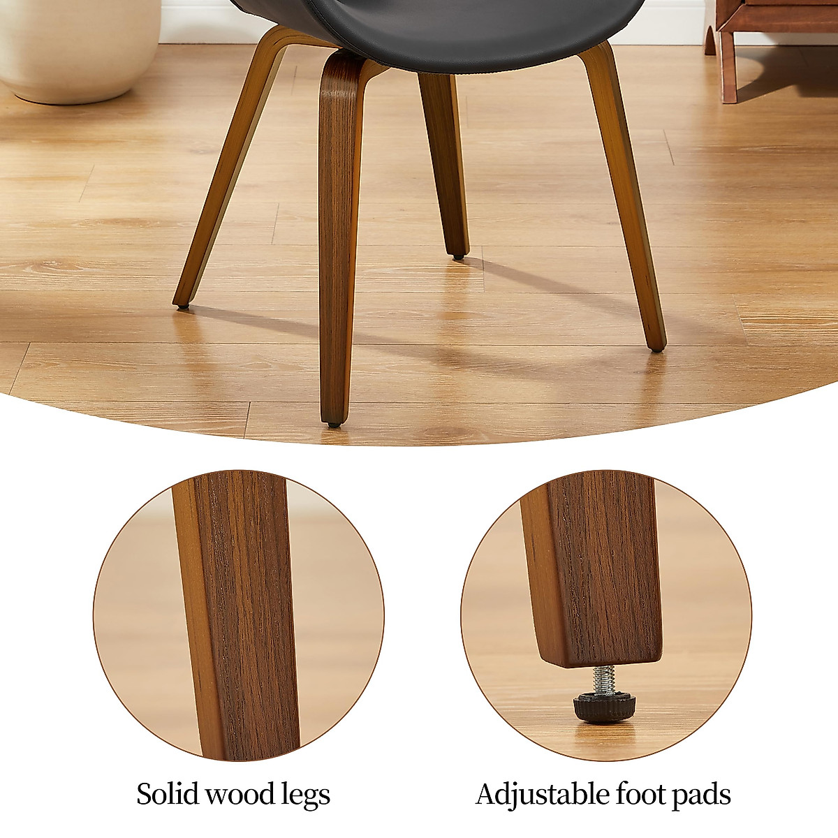 Art Leon Desk Chair No Wheels - Mid Century Modern Chair, Faux Leather Upholstered Office Chair with Wood Legs for Living Room Bedroom, Walnut Bentwood, Black