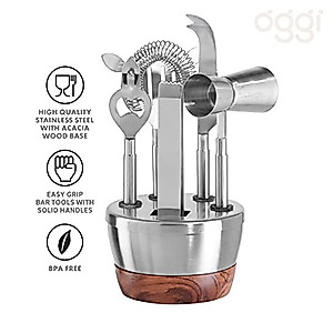 OGGI Modernist Stainless Steel Bar Tool Set w/Wood Accent- Ideal Bar Accessories, Cocktail Set, Bar Set, Bar Cart Décor; Includes Bar Knife, Ice Tongs, Drink Strainer, Double Jigger & Cap/Can Opener