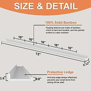 Love-KNPTUS Picture Ledge Shelf, White Floating Shelves Set of 2, 72 Inch Long Floating Shelves with Lip for Wall, Solid Bamboo Wall Mounted Shelf for Bedroom, Living Room, Bathroom, Kitchen