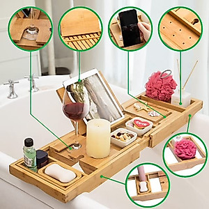 Bamboo Bathtub, Bed, Laptop Tray with Foldable Legs Adjustable Bath Caddy - Wine Glass and iPad Holder - Soap Tray & Bath Pillow Included.