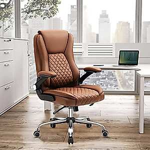 YAMASORO Ergonomic Desk Chair Executive Office Chairs Comfortable with Flip-up Armrests - Adjustable Headrest, Tilt and Lumbar Support -PU Leather Computer Chair, Red-Brown