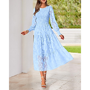 BTFBM Casual Women's 2025 Fall Dresses Elegant Wedding Guest Dress Long Sleeve Floral Midi Dress Flowy Bohemian Long Dress(Blue,X-Large)