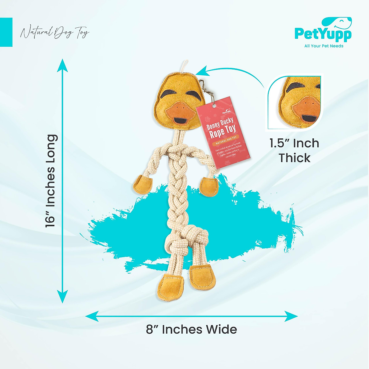 PetYupp Natural Cotton & Jute with Genuine Leather Rope Dog Chew Toy - 16" Long - Interactive Dog Toy for Teething Puppies, Small, & Medium Size Dogs, Promote Dental Health (Donny Ducky)