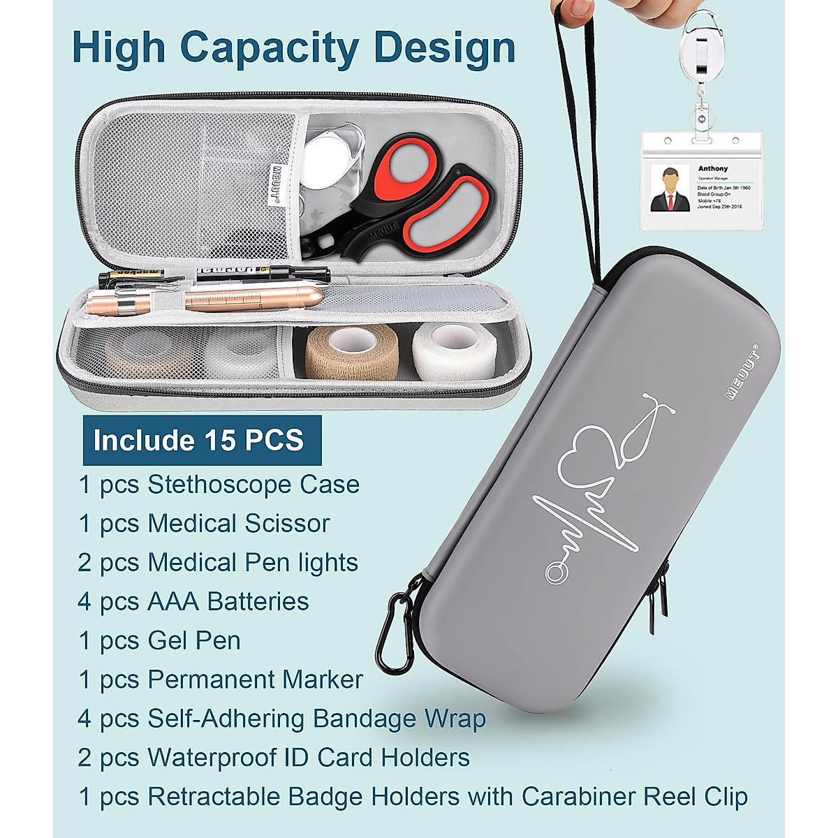 MEUUT 15 pcs Stethoscope Case Kits, Perfect Nurse Gift First Aid Kit with Stethoscope Case, Medical Scissor, Penlights with Batteries, Bandage Wraps, Badge Holders, Nurse Accessories for Nurses