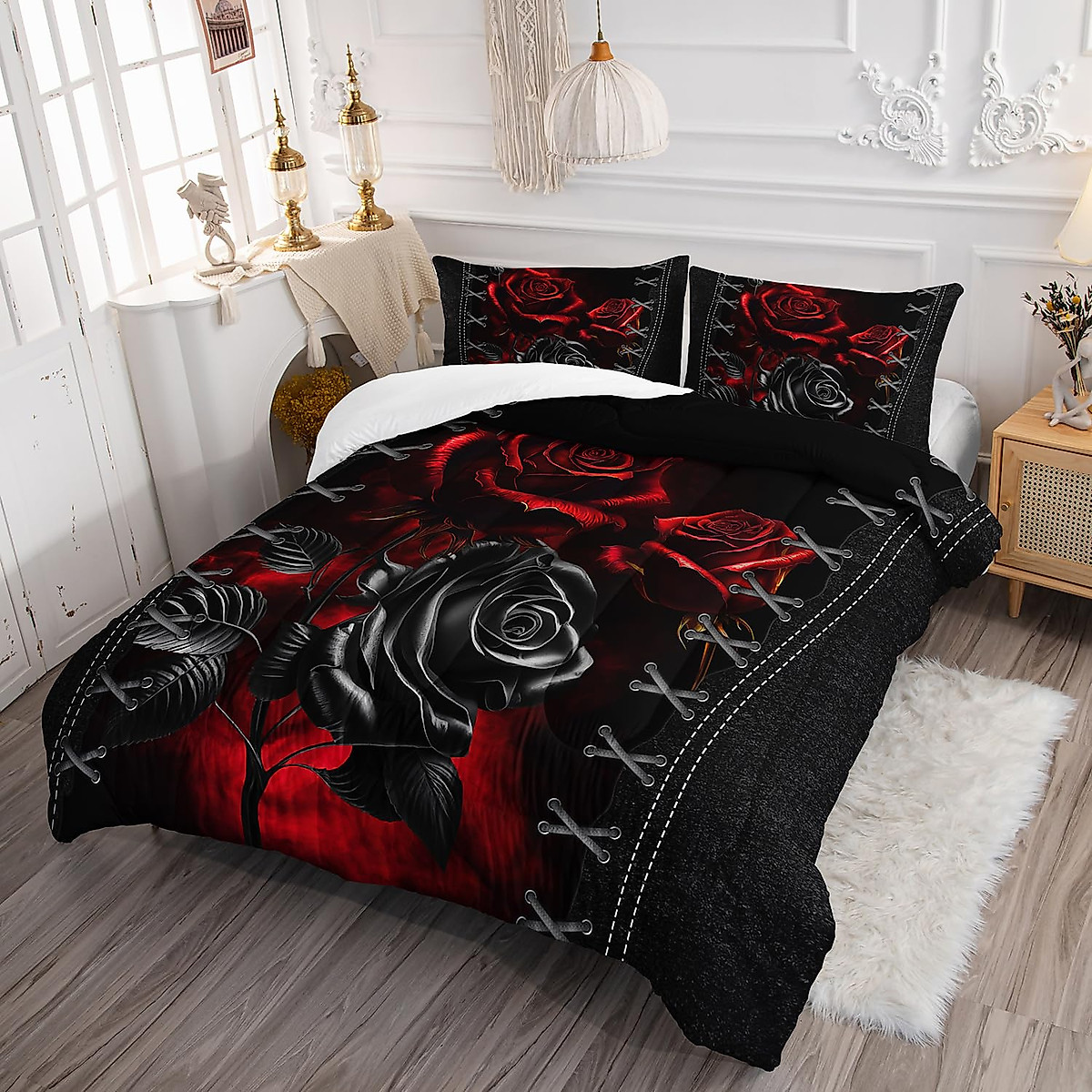 AILONEN Red Rose Comforter Set Full Size, 3D Red Floral Bedding Set,Red and Black Comforter Sets,Red Rose Duvet Set 3 Pieces, 1 Quilt and 2 Pillowcases