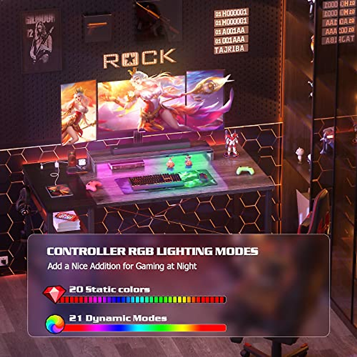 armocity Computer Desk with LED Lights, Gaming Desk with Power Outlet and USB, 40 Reversible Laptop Table with Moveable Monitor Stand, Small Desk for Small Spaces, Office, Gaming Room, Grey and Black