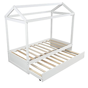 House Bed with Trundle, Twin Size House Bed Frame w/Roof for Kids Boys Girls Teens,Can Be Decorated,Wood Slat Support/No Box Spring Required,White