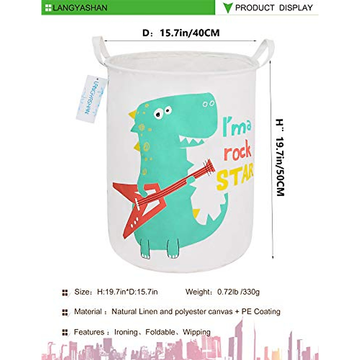 LANGYASHAN Laundry Basket Canvas Fabric Collapsible Organizer Basket for Storage Bin Toy Bins Gift Baskets Bedroom Clothes Children Nursery Hamper (Dinosaur)