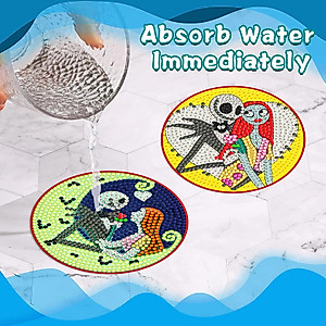 8 Pcs Halloween Diamond Paintings Coasters Kits with Holder, DIY Jack and Sally Coaster Diamond Art Kits,Full Drill Rhinestone Painting Kits for Adults & Kids,Beginners Art Craft Supplies