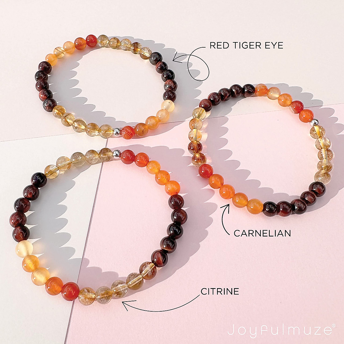 Joyfulmuze Natural Gemstones Stretch Bracelets, Carnelian Quartz, Rutilated Citrine, Red Tiger Eye Stone, Triple Protection Handmade Birthday Gift for Women and Men (Red-Tiger-Eye-Citrine-Carnelian)
