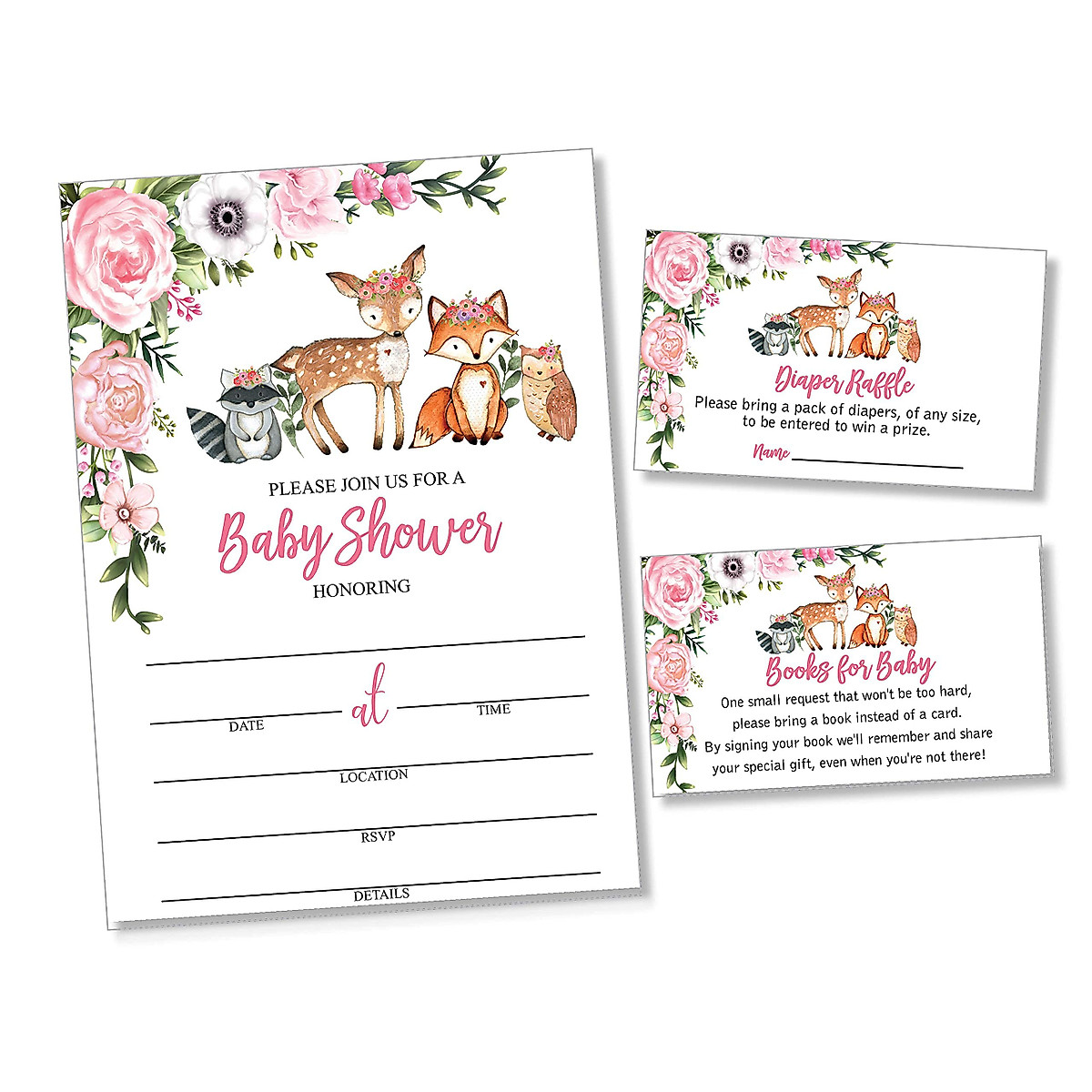 All Ewired Up 25 Girl Woodlands Floral Greenery Baby Shower Invitations (Large Size 5X7 inches) and 50 Pack Watercolor Girl Woodland Greenery Thank You Cards