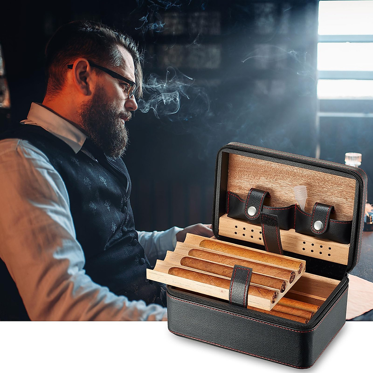 SEEJI Travel Cigar Humidor Box Case - Double Layer Design with Cedar Wood, Large Capacity for 8-10 Cigarsfor Father's Day and Christmas (Black)