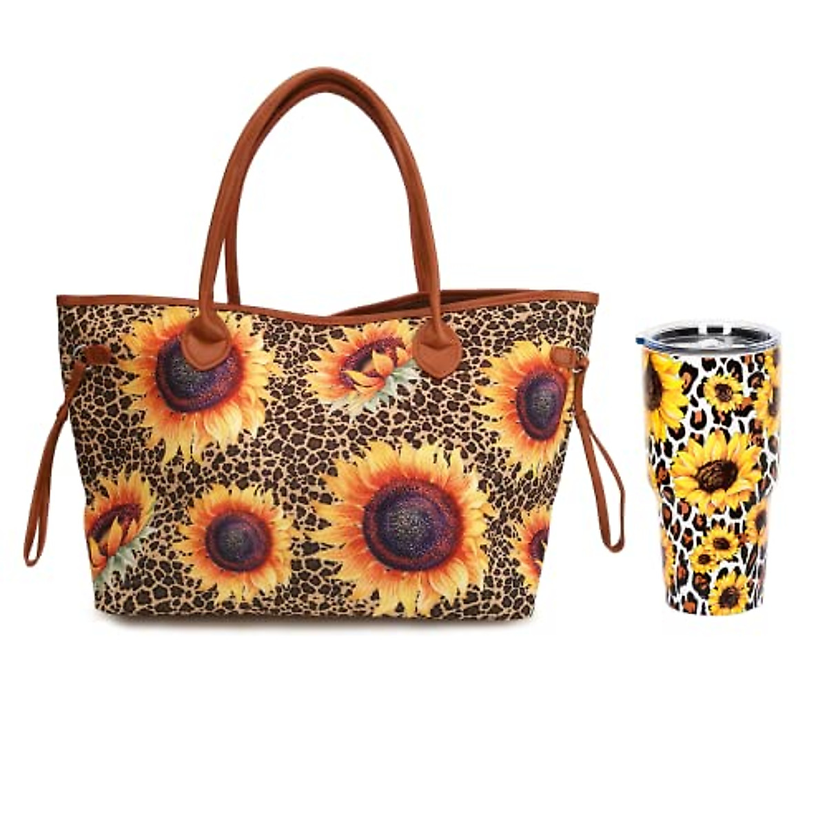 Oversized Tote Handbag Sunflower Purse with Inner Pockets Cheetah Printing Canvas Beach Bag for Women (X-large, leopard sunflower)