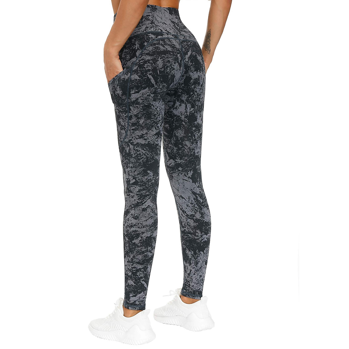 THE GYM PEOPLE Thick High Waist Yoga Pants with Pockets, Tummy Control Workout Running Yoga Leggings for Women (Medium, Gray-Marble)
