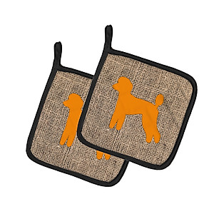 Caroline's Treasures BB1114-BL-OR-PTHD Poodle Burlap and Orange BB1114 Pair of Pot Holders Kitchen Heat Resistant Pot Holders Sets Oven Hot Pads for Cooking Baking BBQ, 7 1/2 x 7 1/2
