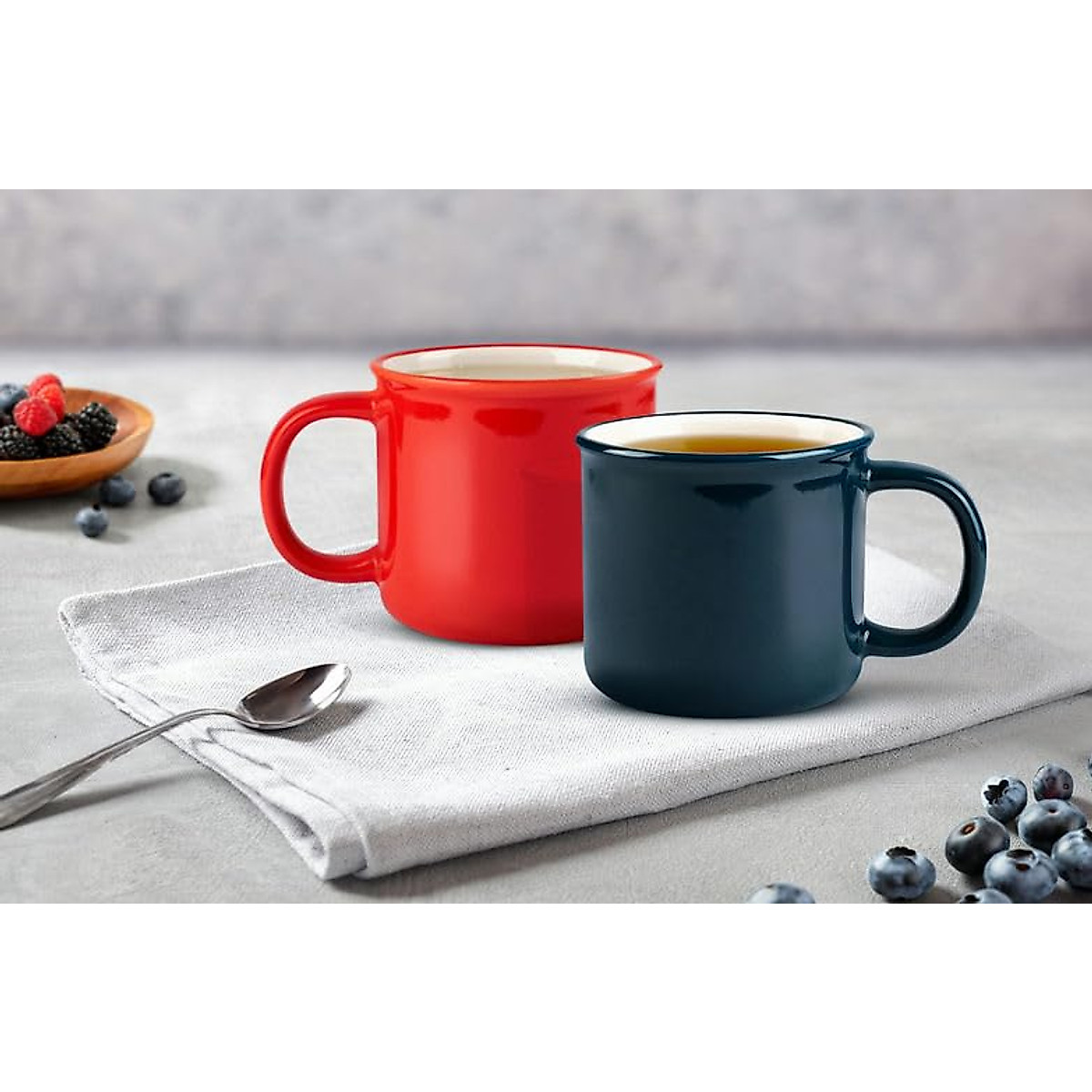 KooK Camping Mug, Camping Coffee Mugs, Urban Outdoor Hiking Coffee Cup, Ceramic, Camp Casual, for Campfire, Tea, Hot Chocolate, Soup, Microwave and Dishwasher Safe, 14 oz, Set of 2 Navy Blue