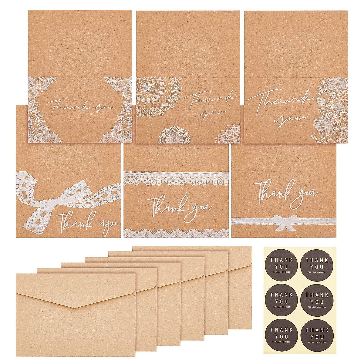 CRASPIRE Thank You Cards with Kraft Envelopes and Stickers 6 Set Blank Thank You Notes with Envelopes for Business Wedding Bridal Gift Shower Business Graduation