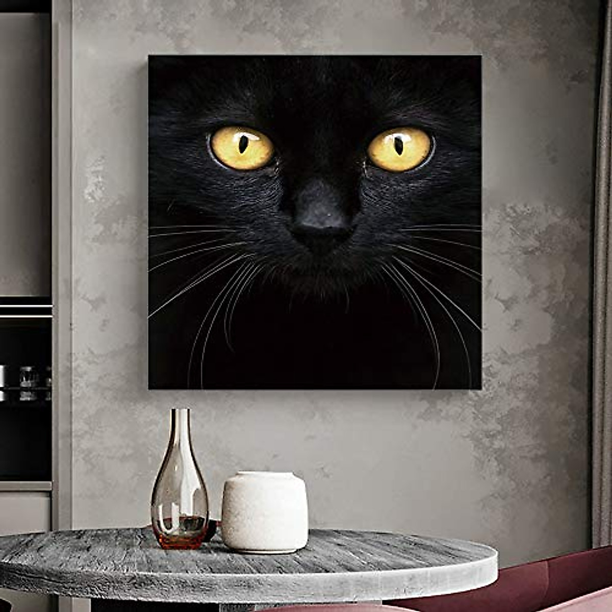 HIYPLAY Canvas Wall Art Cue Black Cat in The Dark Picture Modern Artwork Printed on Canvas - Oil Painting for Wall Decor - Stretched and Framed Ready to Hang(12" x 12")