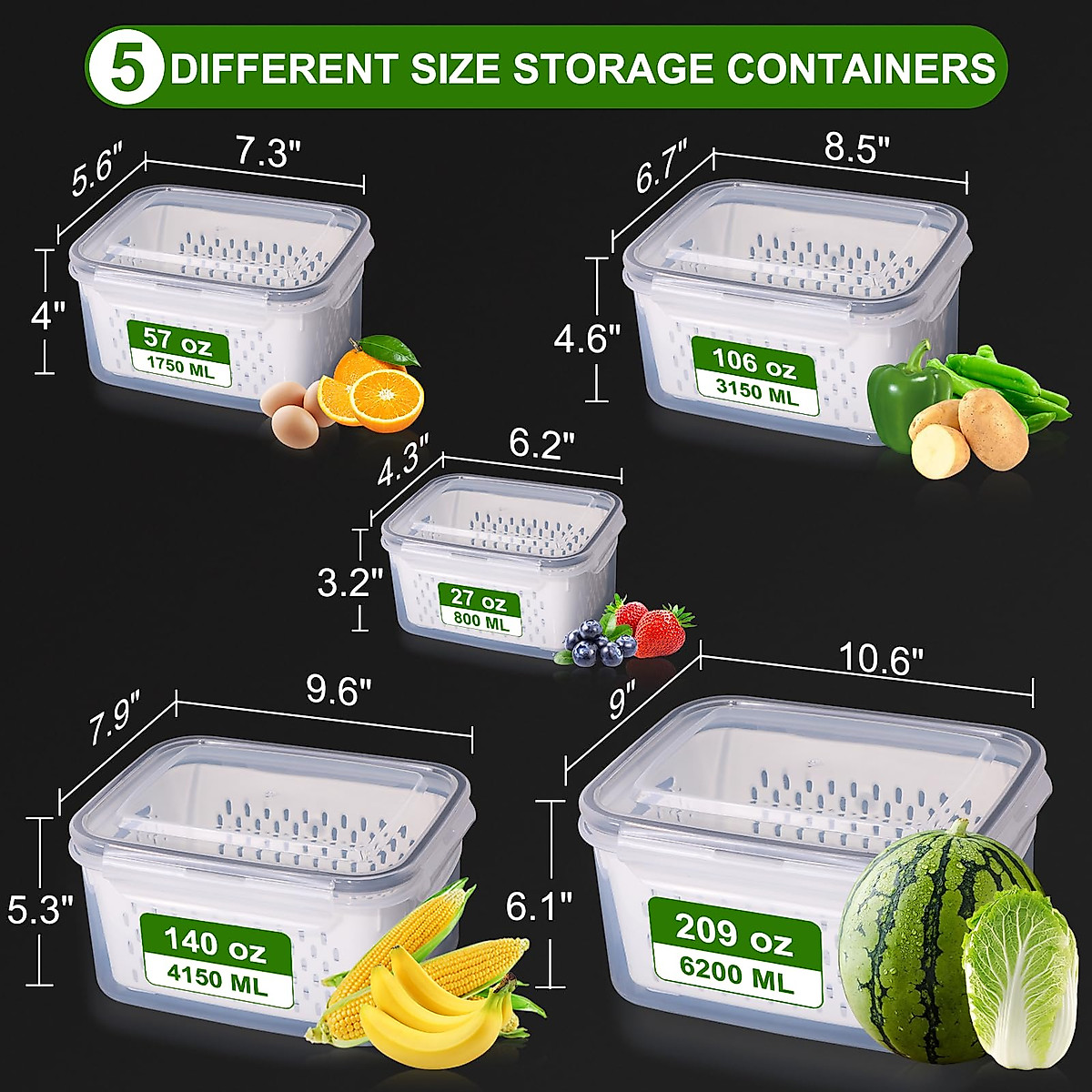 KETNET 5 Size Fruit Vegetable Storage Containers for Fridge with Colander and Lid Refrigerator Storage Containers Bins Organizer for Fruit Food Produce, Lettuce Keeper Keep Fruit Fresh Longer
