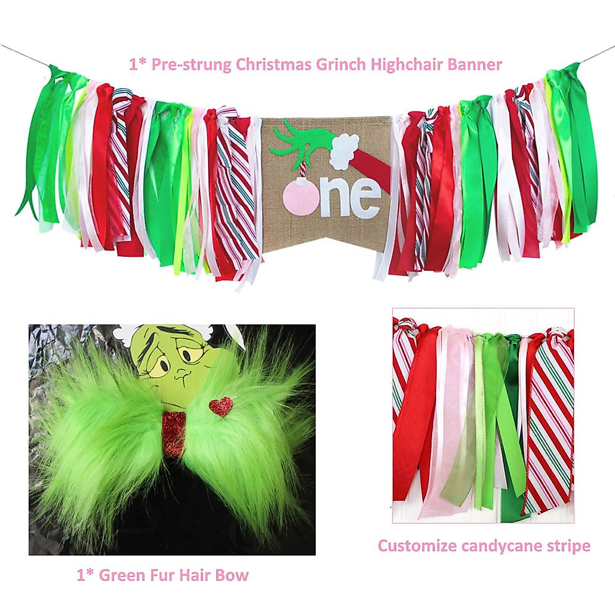 Christmas High Chair Banner, Girl Christmas 1st Birthday Sign Banner, Candy Cane Red, Green,Pink Highchair Garland with Hair Bow for Girls Christmas First Birthday, Photo Booth Props And Cake Smash