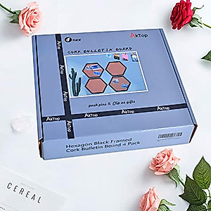 AkTop Cork Bulletin Board Hexagon 4 Pack, Small Framed Corkboard Tiles for Wall, Thick Decorative Display Boards for Home Office Decor, School Message Board with 16 Push Pin Wood Clips, Black