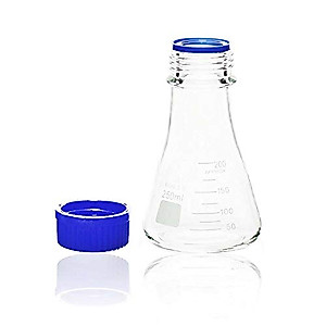 ULAB Scientific Erlenmeyer Flask with Blue Screw Cap, 8.5oz 250ml, 3.3 Borosilicate with Printed Graduation, UEF1016