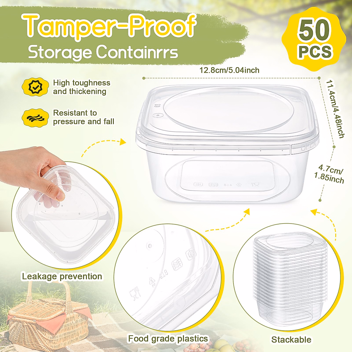Yiyiring 50 Pack 12 oz Tamper Proof Containers with Lid Square Deli Plastic Sandwich Tiramisu Airtight Meal Container with Lids for Kitchen Storage