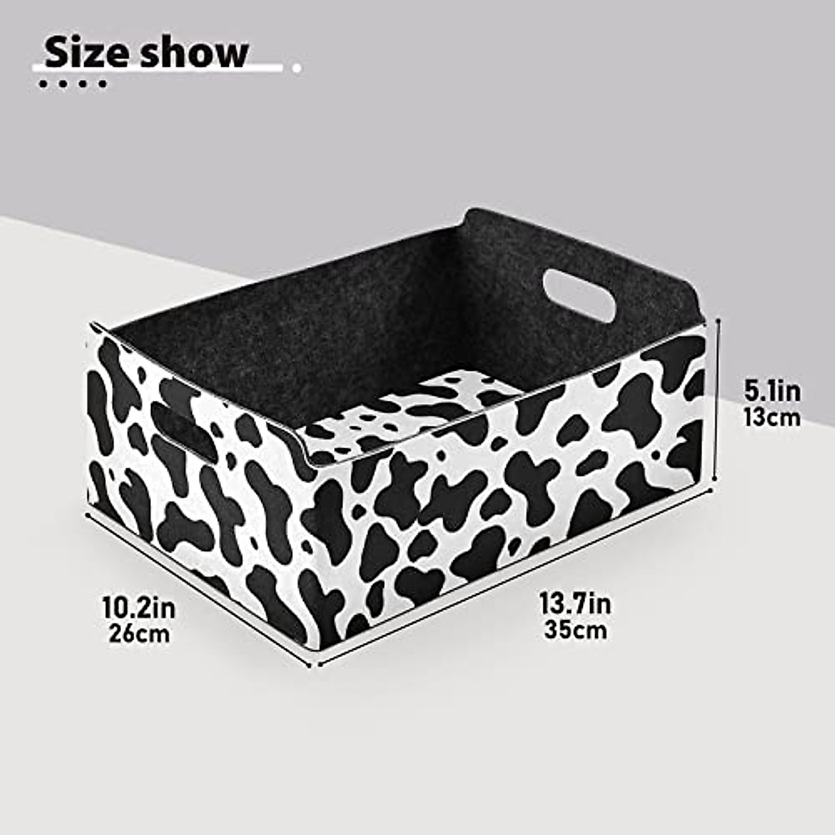 Kigai Black & White Cow Print Storage Bins with Handles Felt Fabric Collapsible Storage Basket Organizer Drawers Storage Boxes for Shelf Closet Bedroom (14x5x10Inch)