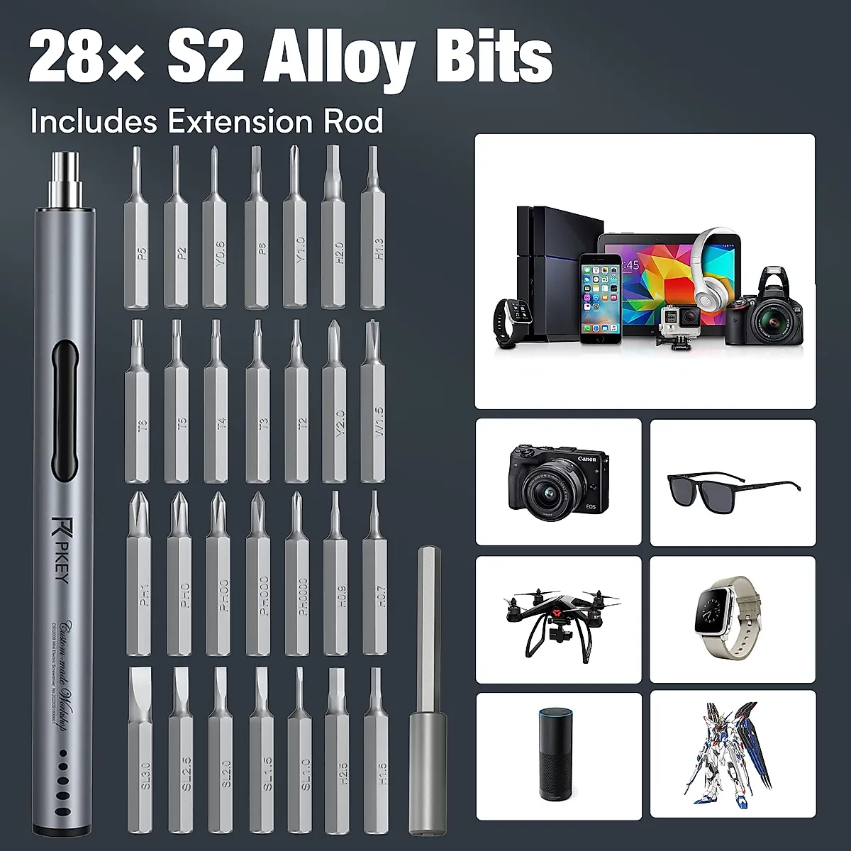 PKEY Mini Electric Screwdriver, All-in-One Precision Electric Screwdriver, 2 Torque with 28 Magnetic Precision Bits,LED Light & Dual Mode， Repair Tool Set for Phone Camera Laptop Watch