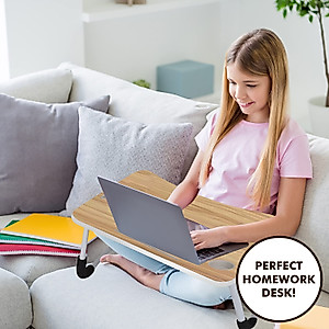 Folding Lap Desk for Bed and Sofa - Portable Wide Surface Bed Desk with Built-in Cup Holder and Tablet or Phone Slot for Working, Studying, Eating, and Watching Movies (Wood)