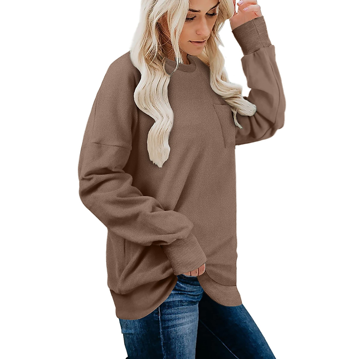OFEEFAN Oversized Sweatshirts for women Long Sleeve Tunic Tops for Leggings Loose Fit Coffee L