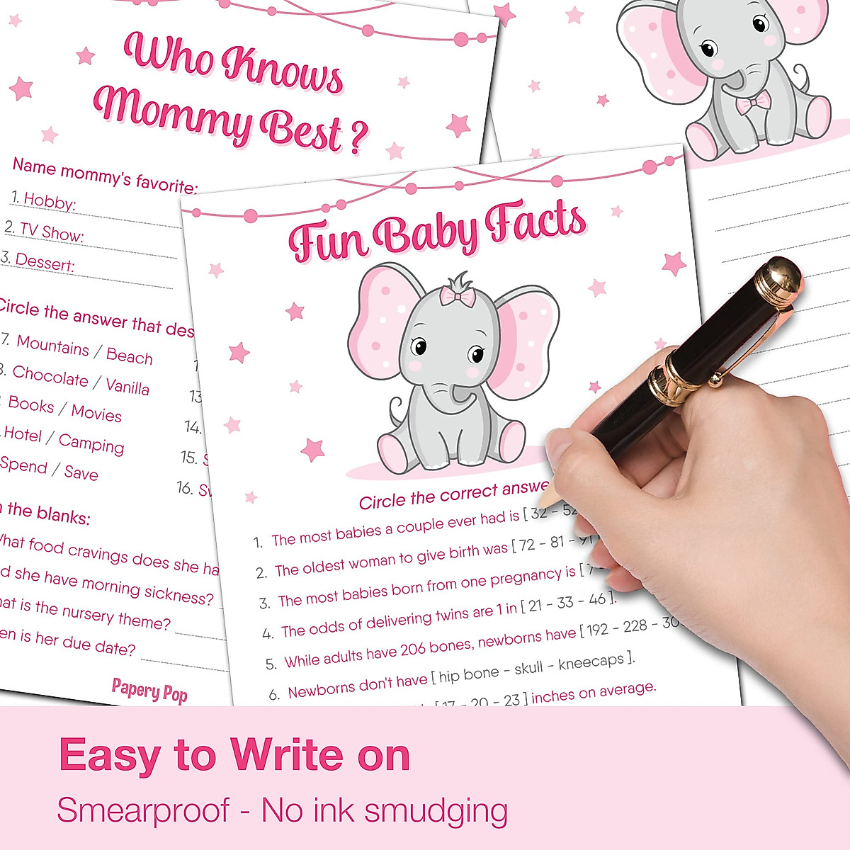 Papery Pop Baby Shower Games for Girl - Set of 4 Games for 30 Guests - Double Sided Cards - Baby Shower Supplies - Elephant