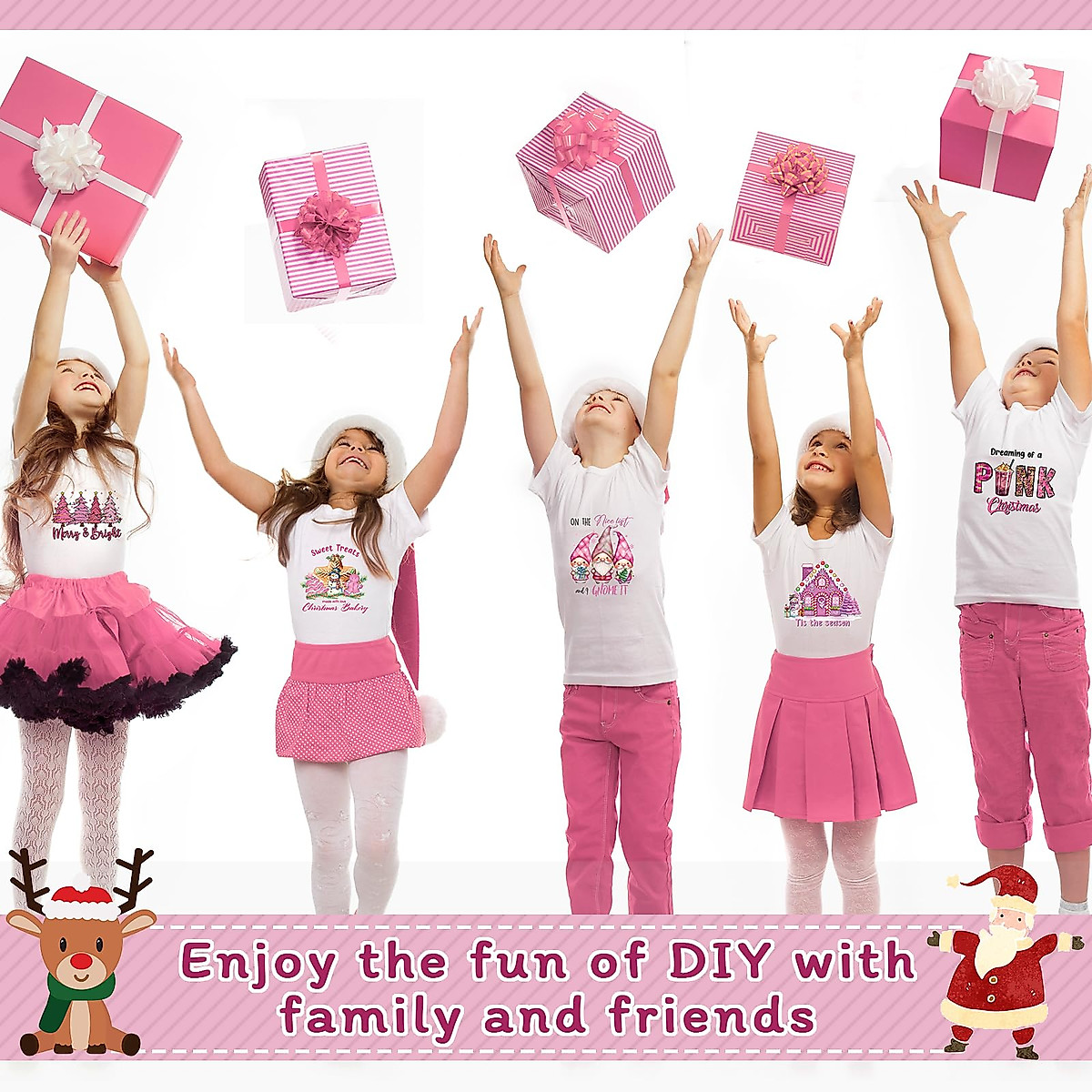 Fumete 12 Sheets Christmas Iron on Transfers for T Shirts Pink Iron on Decals Elk Snowman Tree Pattern Applique Stickers Christmas Heat Transfer Paper Stickers for DIY Xmas Clothing