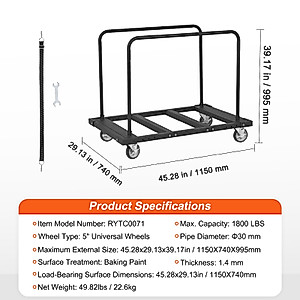VEVOR Drywall Cart, 1800 LBS Panel Dolly Cart with 45.28" x 29.13" Deck and 5" Swivel Wheels, Heavy-Duty Drywall Sheet Cart, Handling Wall Panel, Sheetrock, Lumber, for Garage, Home, Warehouse