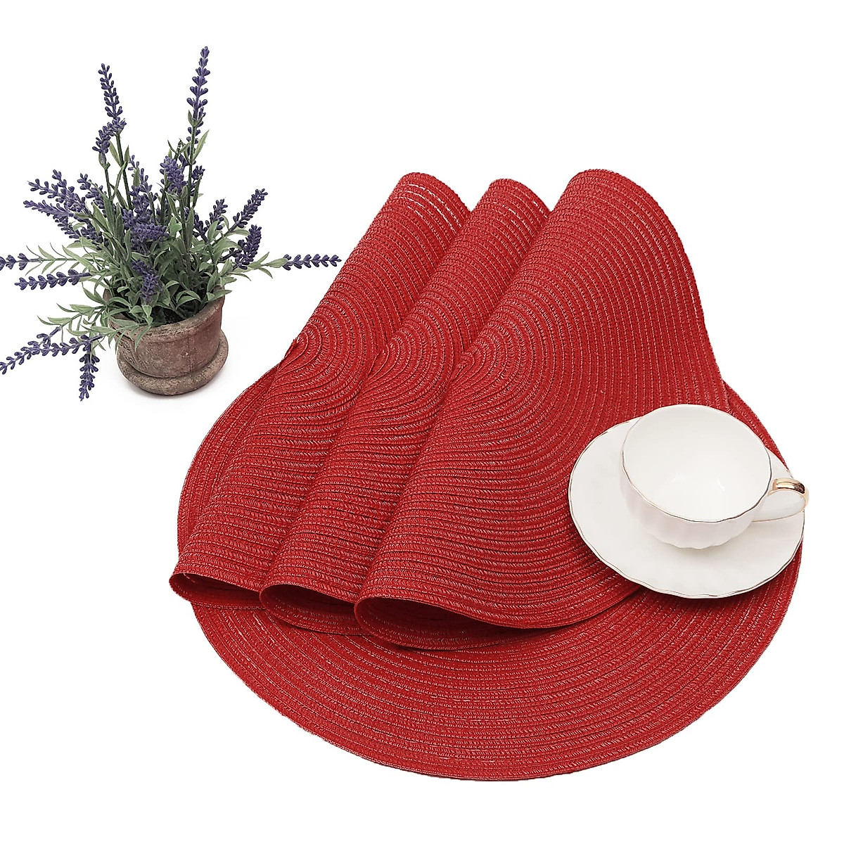 SHACOS Round Braided Placemats Set of 8 Washable 15 inch Round Table Mats Non Slip Woven Place Mats for Dining Table (Red, 8)