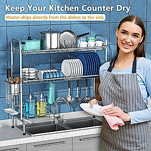 KETAZERO Over The Sink Dish Drying Rack, 2 Tier Stainless Steel Dish Drainer Rack with Cutting Board Holder Help You Save More Counter Space