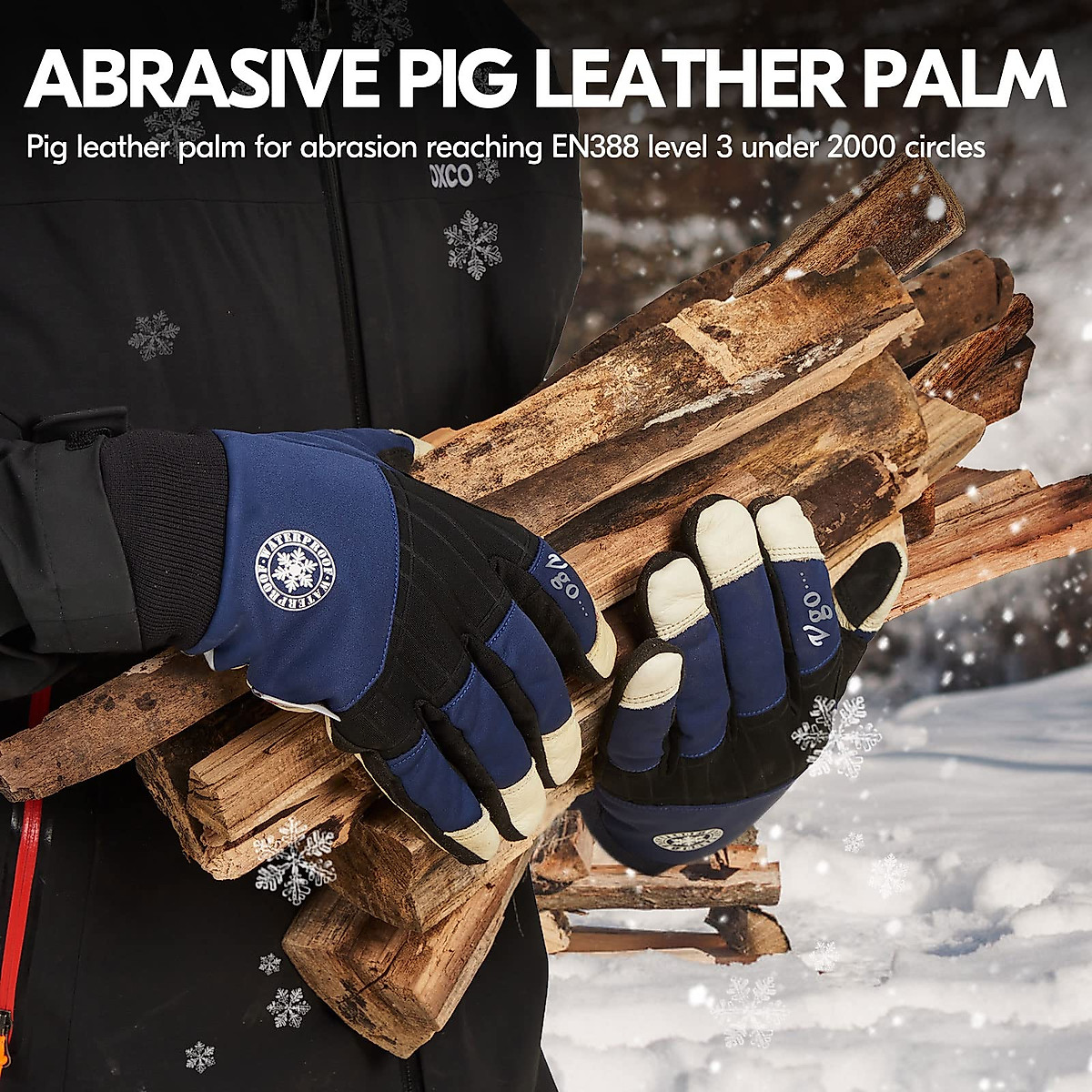 Vgo... 1-Pair 32℉ or above Lined Winter Premium Pigskin Leather Waterproof Work Gloves (Size L, Dark Blue, PA1015FW)