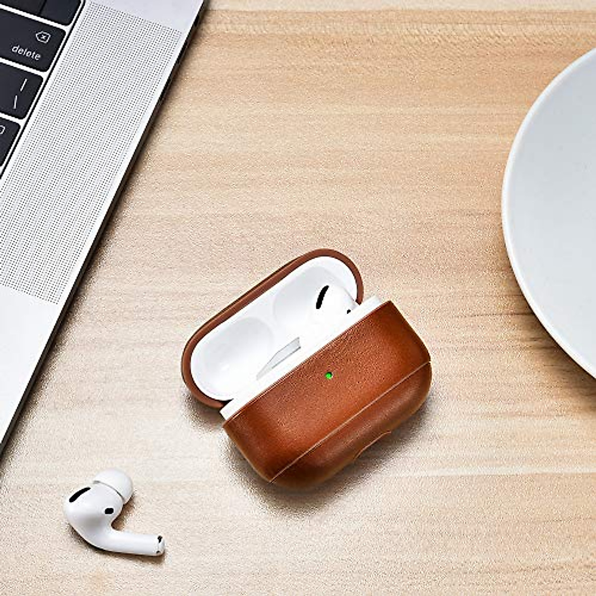 AirPods Pro Case, ICARER Airpod Pro Leather Case Genuine Leather Portable Protective Shockproof Cover for Apple AirPods Pro Support Wireless Charging and Led Visible (Brown)