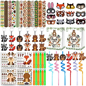 Woodland Party Favors 84 PCS Forest Animals Theme Masks Sticker Keychains Straws Slap Bracelets Bubble Sticks Gift Bags for Kids Woodland Creatures Birthday Party Baby Shower Goodie Bag Fillers