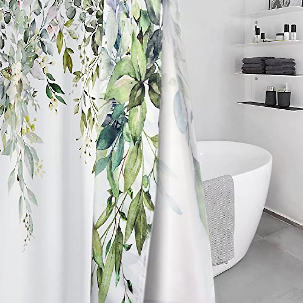 Nuseiis Sage Green Eucalyptus Shower Curtain, Watercolor Plant Leaves Shower Curtain with 12 Hooks, Decorative Botanical Shower Curtain 72 x 72 Inch
