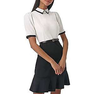 Karl Lagerfeld Paris Women's Belted Color Bloack Collared Dress, Soft White Black, 10