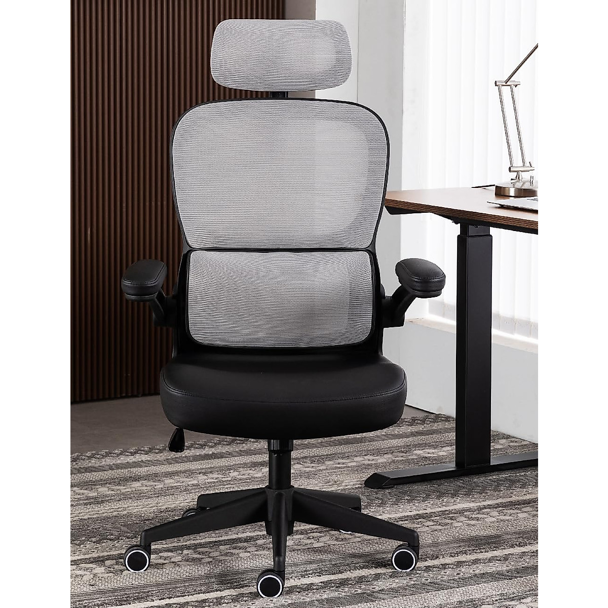Ergonomic Mesh Office Chair High Back Desk Chair for Big and Tall People Adjustable Headrest with 2D Armrest Lumbar Support and PU Wheels Swivel Tilt Function Black (Black/Grey with Nylon Base)