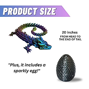 Amerimaker 20" Articulated Dragon With Egg - Big Color Changing - 3D Printed Dragon With Egg - Fidget Dragon Egg & 3D Dragon - Toy Dragon Egg With Figures - Made in the USA - (Rainbow With Black Egg)